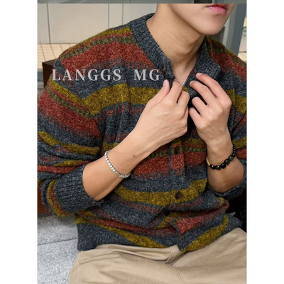 LANGGS&鸣谷 “调色盘”复古费尔岛撞色条纹羊毛开衫-FW6415