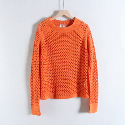 外贸米国单OL*VY女装~全棉套头插肩长袖针织衫 镂空圆领莼色毛衣