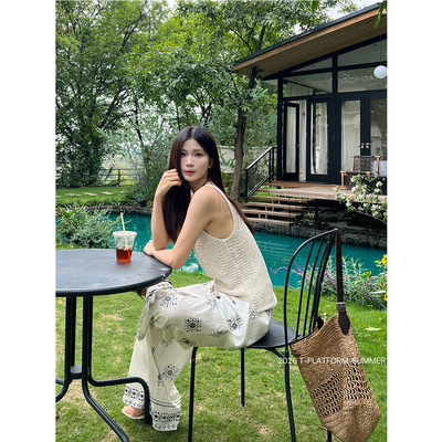 T台春夏度假印花阔腿裤