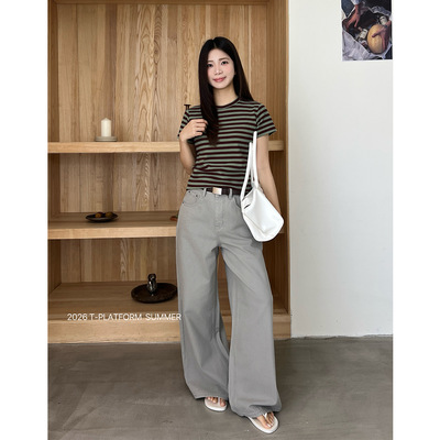 T平台十三行春季深灰高腰牛仔裤