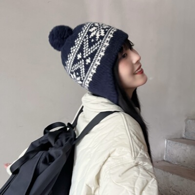 费尔岛雪夜～秋冬百搭复古风粗棒针提花护耳针织帽童趣毛球毛线帽