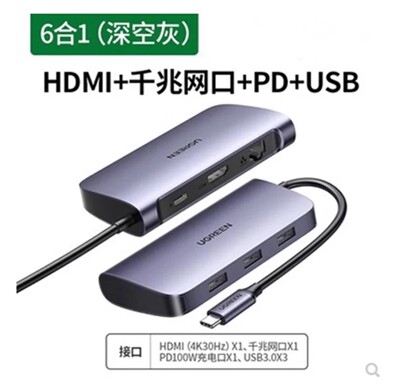 绿联CM212 Type-C拓扩展坞六6合一1 HDMI+RJ45千兆+USB+PD 50771