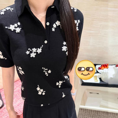 黑白碎花小香风翻领短袖针织衫女