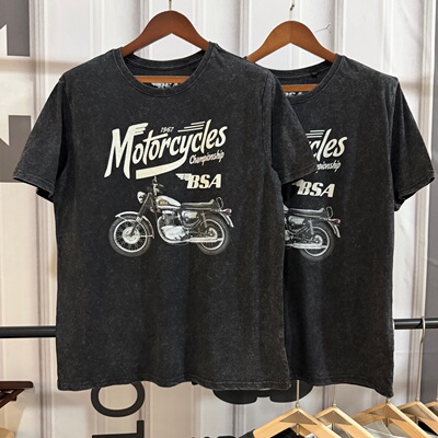 BSA motorcycle帝国之星做旧水洗摩托车印花美式休闲宽松短袖T恤