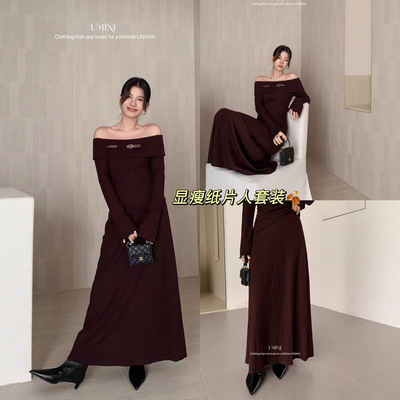 U+MINI十三行新品法式复古显瘦一字肩小衫+松紧腰半身裙套装