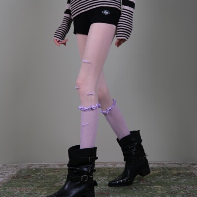 紫色蕾丝花边小腿袜叠穿