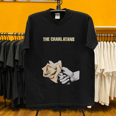 曼彻斯特摇滚The Charlatans江湖郎中乐队复古黄玫瑰印花短袖T恤