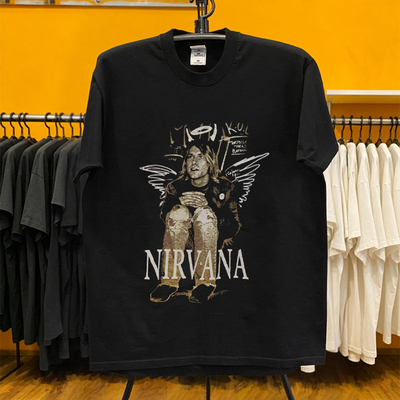 Nirvana涅盘乐队科特柯本天使翅膀古着感别致街头风潮酷短袖T恤