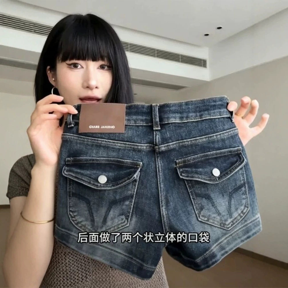 潮鲤有货复古高腰牛仔短裤设计感夏季辣妹修身显瘦弹力直筒热裤潮