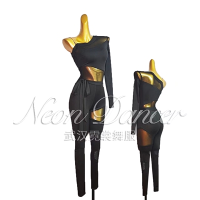 Neon Dancer 新款女拉丁舞练功服 星光同款网纱拼接斜肩连体裤