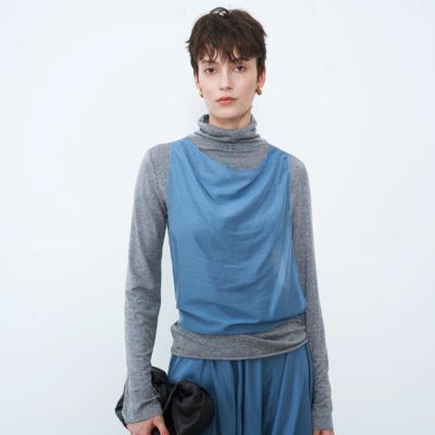 PIECE MIND天丝莱塞尔假两件拼片高领针织上衣