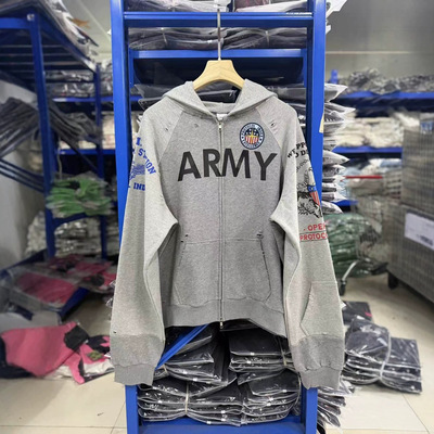 Protocol Index ARMY字母印花连帽卫衣男女做旧破坏潮流拉链外套