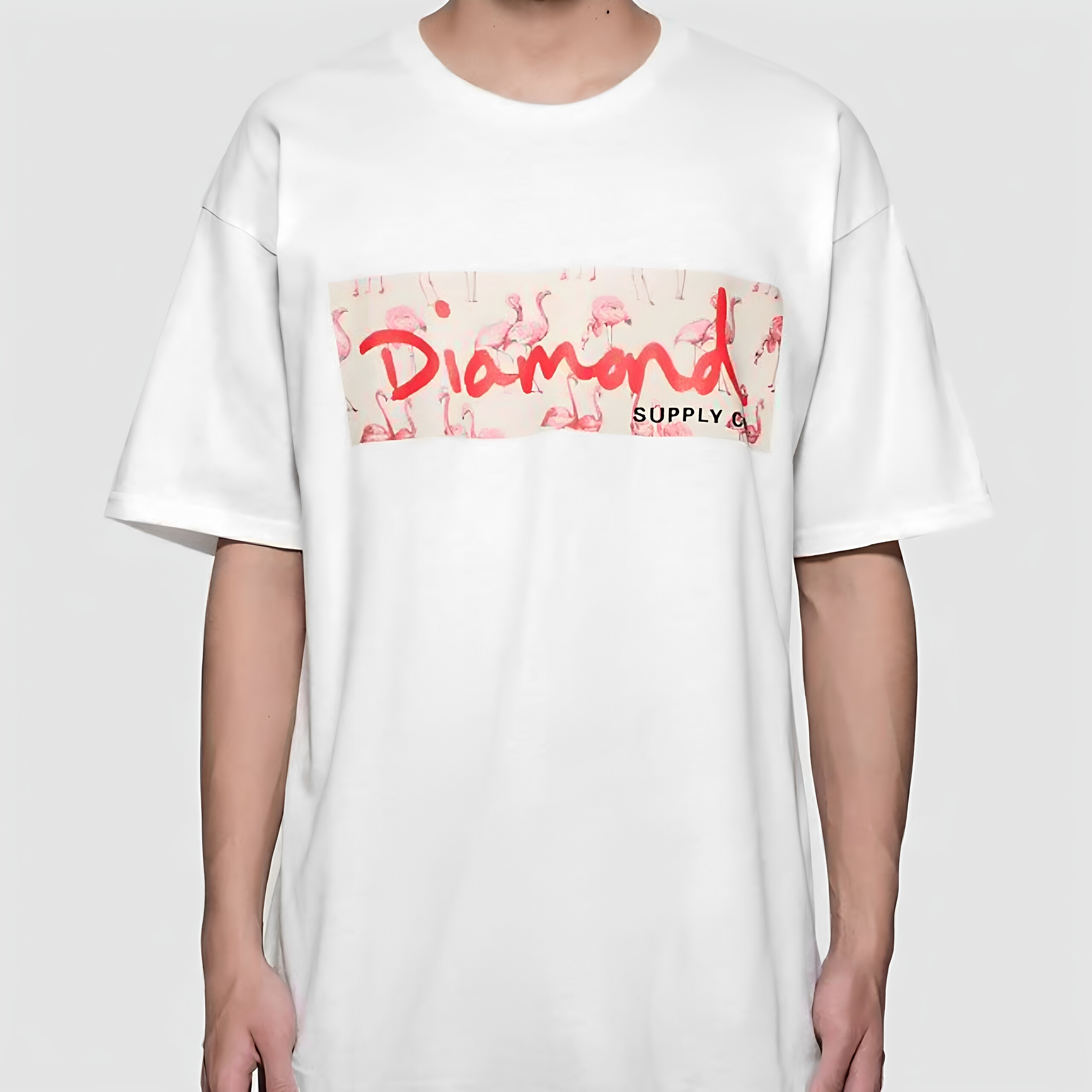 DiamondSupplyCo街头风火烈鸟短袖T恤男白色字母印花透气上衣