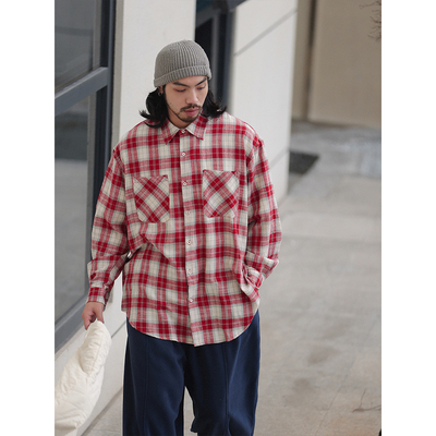NOEARS日系复古水洗棉红色格纹长袖宽松衬衫秋冬休闲叠穿落肩衬衣