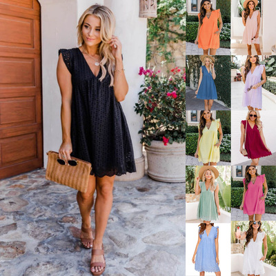 Women V-neck jacquard hollowed out sleeveless lace dress女裙