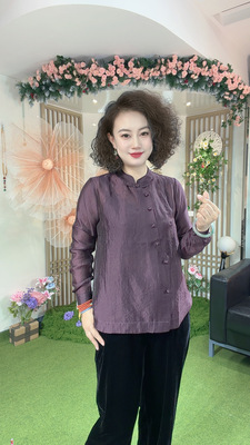 K5395云锦丝新中式国风盘扣褶皱宽松显瘦气质斜扣长袖衬衫女