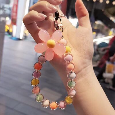 糖果色马卡龙珠串花朵钥匙扣手机挂绳ins风手腕绳便携彩色挂链