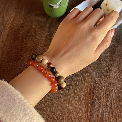 天然红玛瑙鸡翅木檀木叠戴手串