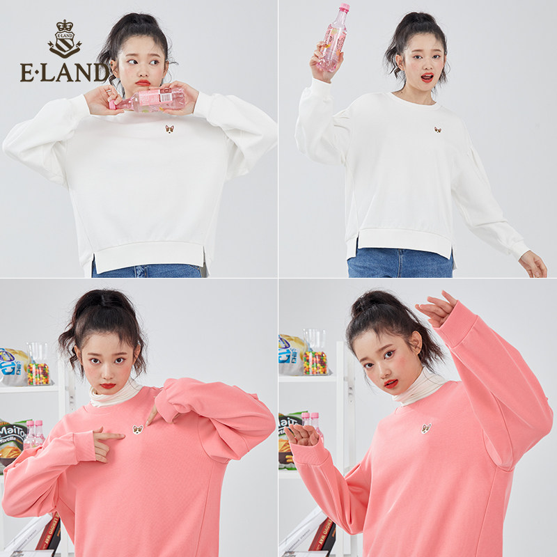 Eland衣恋春秋款韩版减龄休闲泡泡袖宽松圆领套头卫衣女_虎窝淘