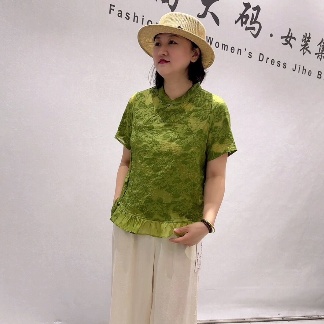31207女权贵族夏款新品带弹力木耳边新中式国风气质衫加大码女装