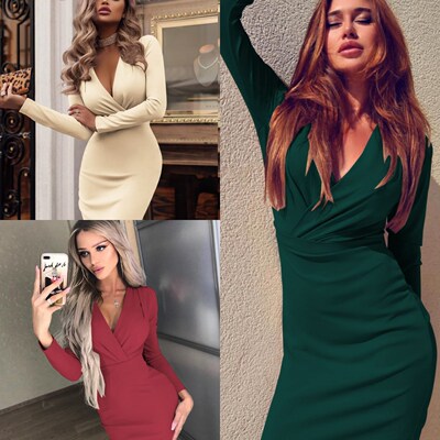 New ladies bag hip autumn winter long sleeve bottoming dress