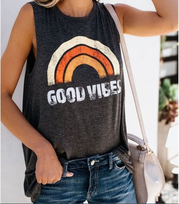 Women Tank Top Good Vibes Summer Sleeveless Female White