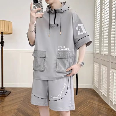 夏季大码男士工装连帽运动套装潮