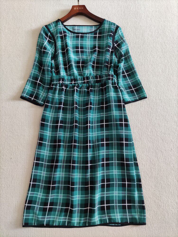 真丝双绉时髦洋气束腰七分袖连衣裙桑蚕丝浪漫复古格子假两件女裙