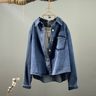 个性短款全棉牛仔长袖衬衣女