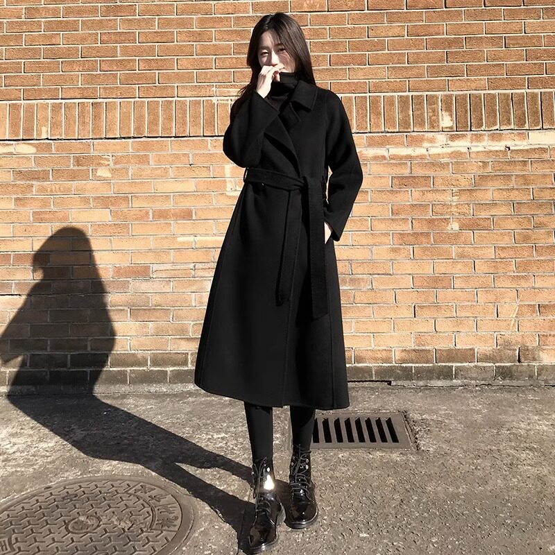 黑色经典双排扣双面羊绒大衣女长款过膝气质宽松高级感羊毛呢外套