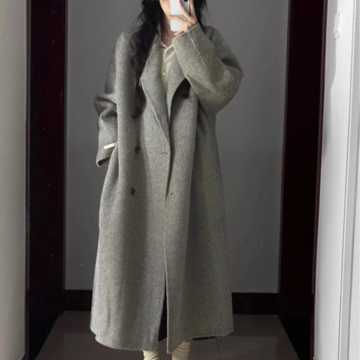 温柔粉色双面羊绒大衣女秋冬宽松廓形长款过膝双排扣毛呢外套