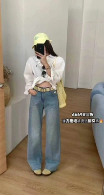 卡妍拉6669款春夏新款韩版显瘦高腰烫钻窄版直筒裤牛仔裤阔腿长裤