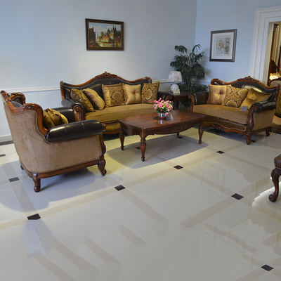 美式实木雕刻真皮布艺沙发