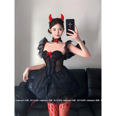 万圣之夜 cos小恶魔魔法纯欲蕾丝镂空收腰花边低胸辣妹黑色蓬蓬裙