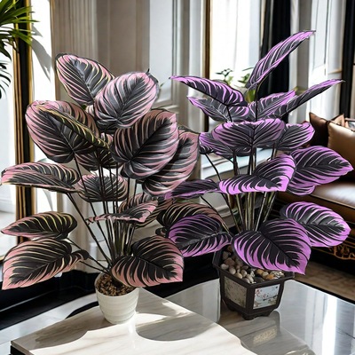 亚马逊新品仿真植物紫罗渐变红纹叶 暗黑系绿植 出口仿