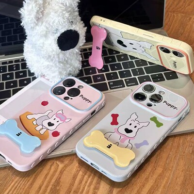 Macaron Dog Bone Stand Phone Case 适用 iPhone 17 Pro Max 16 15 14 Shockproof Soft Protective Cover