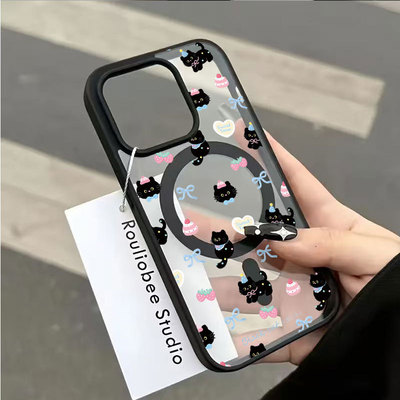 Dessert Cake Black Cat bow Magnetic clear case适用iphone 11 12 13 14 15 16 plus 17 pro max