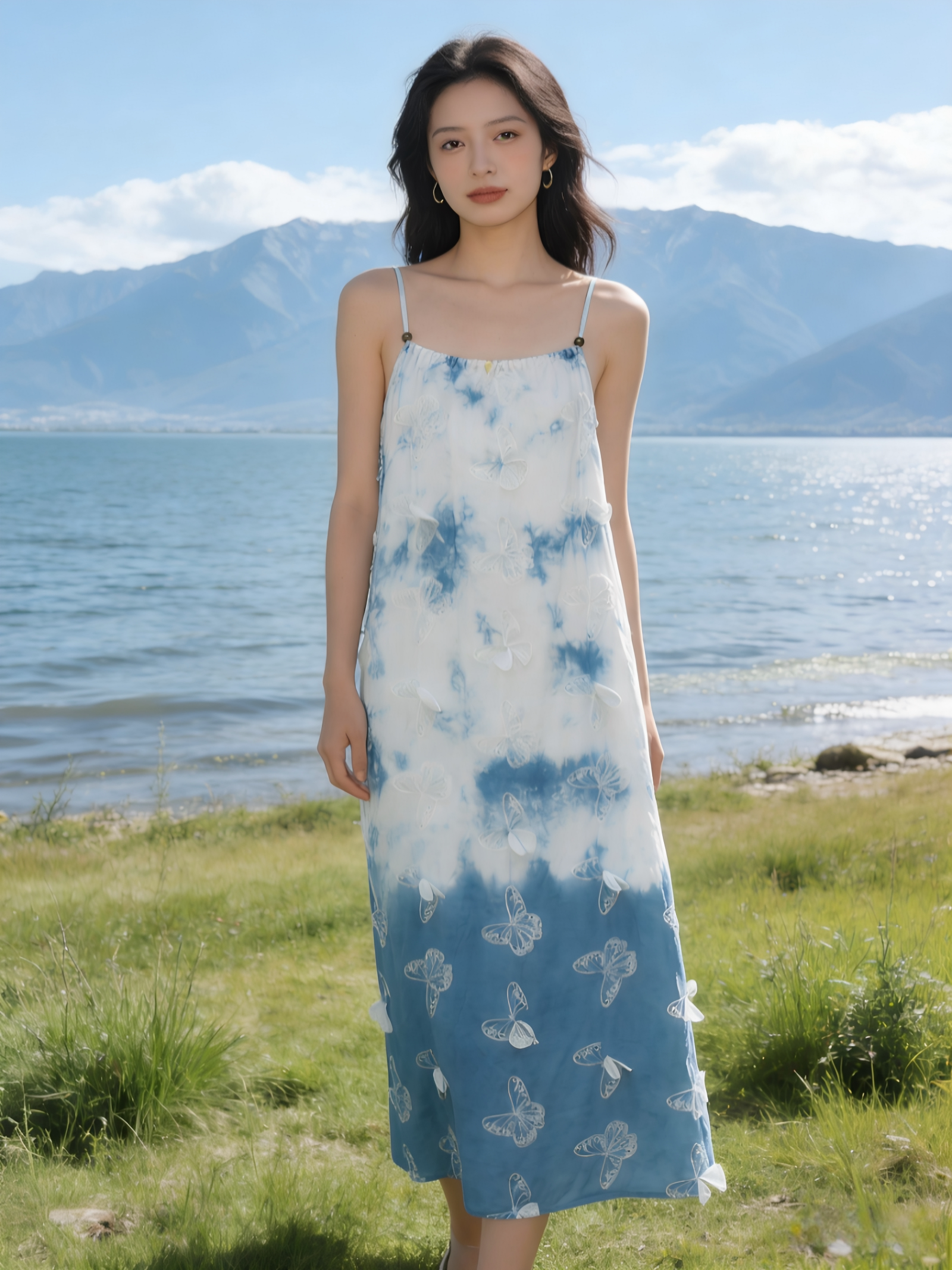 大理扎染裙子小个子连衣裙女夏季新款宽松显瘦吊带裙度假过膝长裙