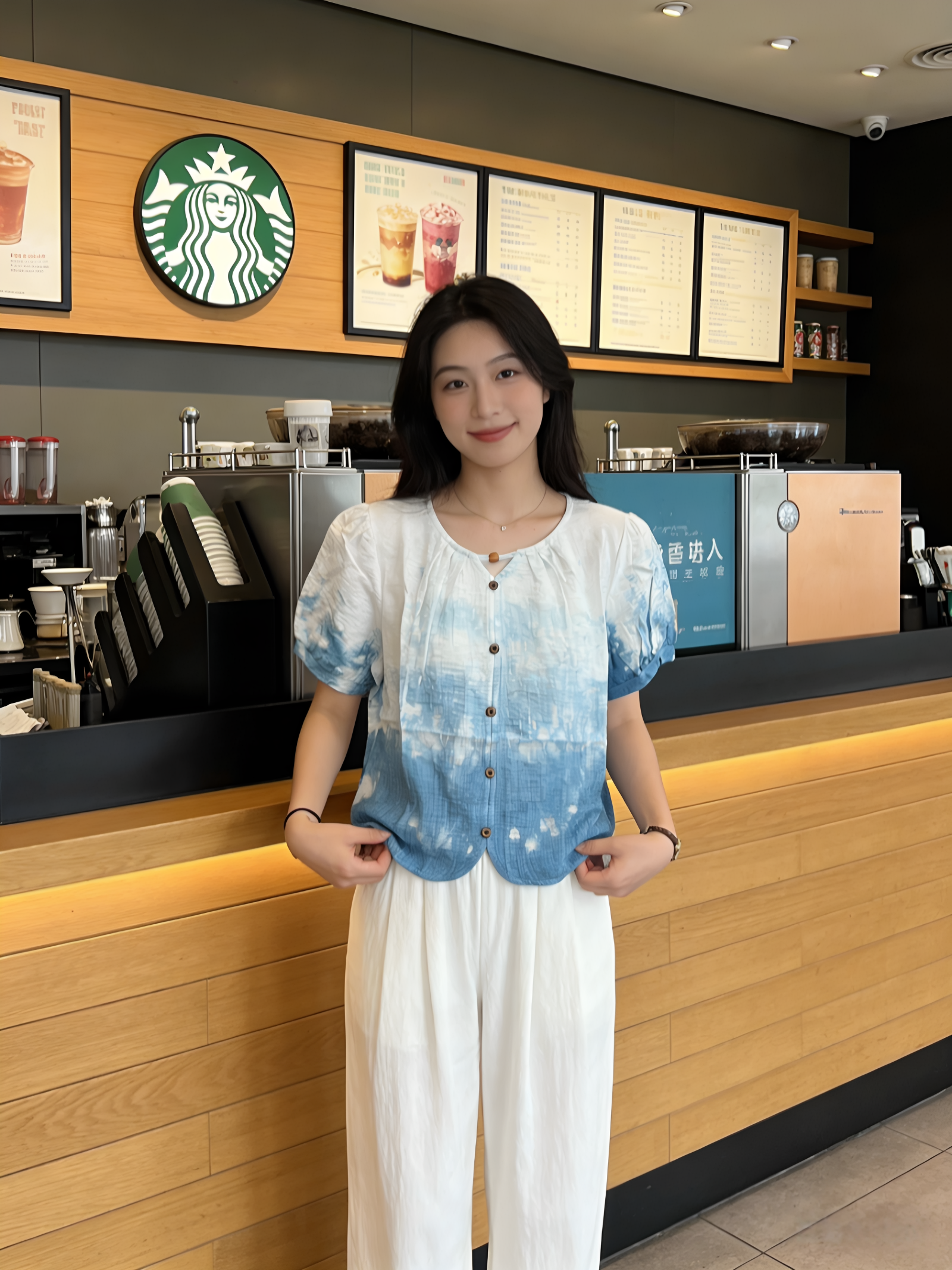 设计感扎染女装棉麻弧形下摆设计上衣女短袖夏季新款百搭宽松衬衫
