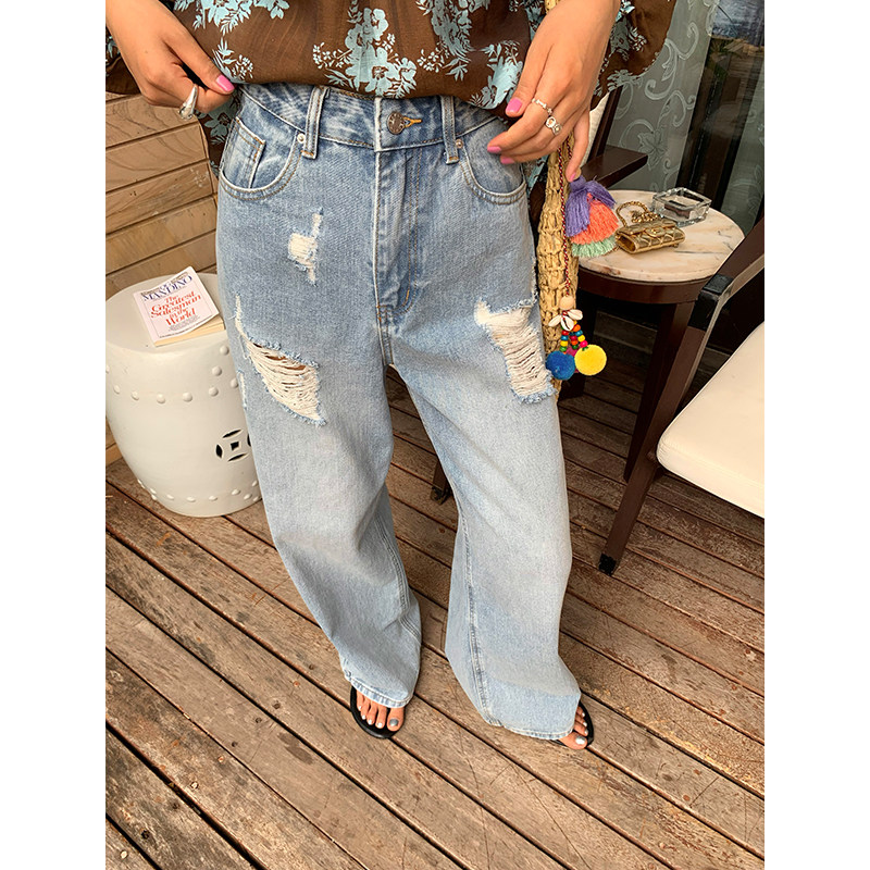 今屿花花牛仔裤女2025新款浅色破洞阔腿裤宽松高腰裤子小个子个性