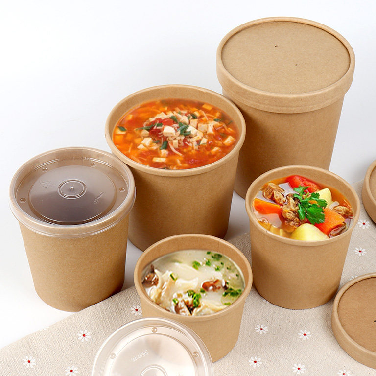 加厚一次性牛皮纸汤杯粥桶圆形打包餐盒甜品外卖纸碗食品级带盖子