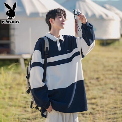 花花公子Polo领卫衣男款潮牌学院风衣服春秋宽松条纹外套长袖t恤