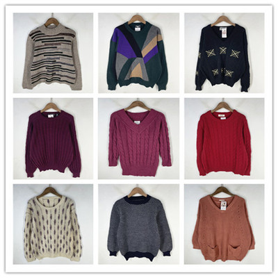 复古着vintage日韩尖货学院风甜美系纯色几何印花套头纯毛衣D4601