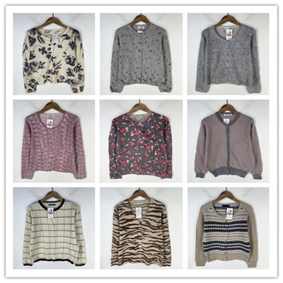 复古着vintage日韩精选民族风森女系撞色条纹印花开衫纯毛衣M1201