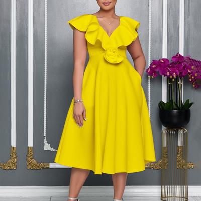 plus size dress women lace fat lady dress yellow 大码连衣裙