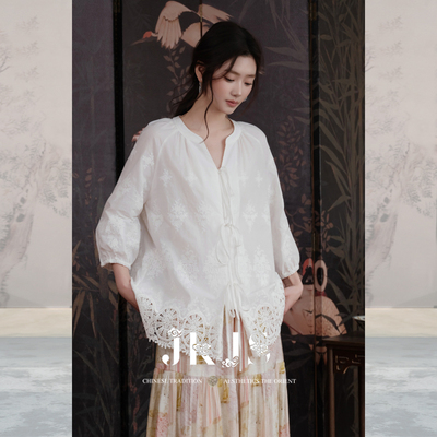 JKJS新中式全棉绣花灯笼袖衬衫