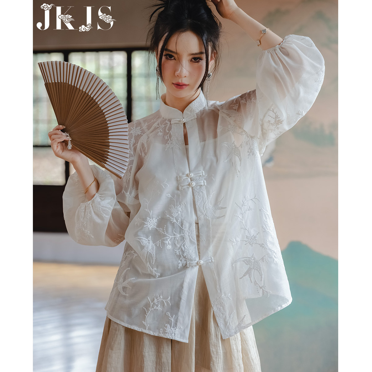 （今日10.2折）《白燕环绕》JKJS唐装女中国风高端改良汉服女衬衫新中式盘扣上衣—上衣