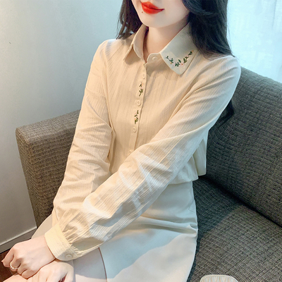 长袖刺绣纯棉衬衫女上衣春秋小衫