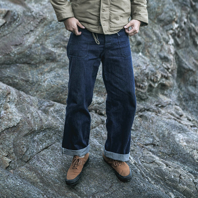 纽扣长裤原色丹宁四季赤耳牛仔裤