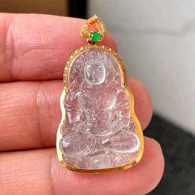 【501112】纯18k金镶天然高冰种翡翠度母观音吊坠 玉石菩萨带证书